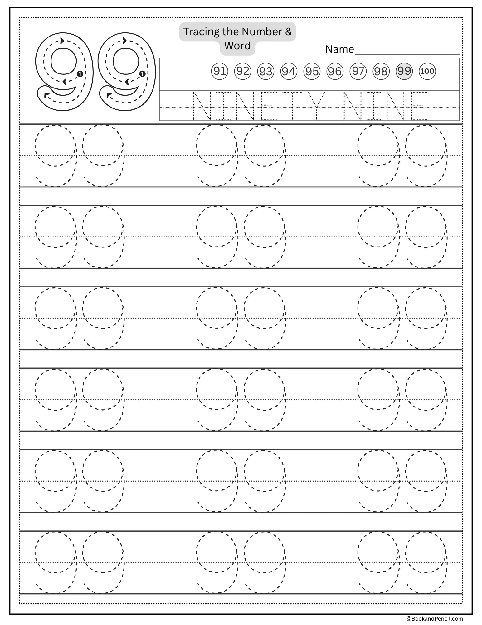Tracing Numbers 91–100 | Free Printable Worksheet PDF